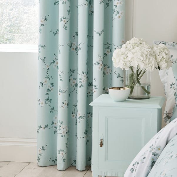 Edith Duck Egg Floral Blackout Eyelet Curtains Dunelm