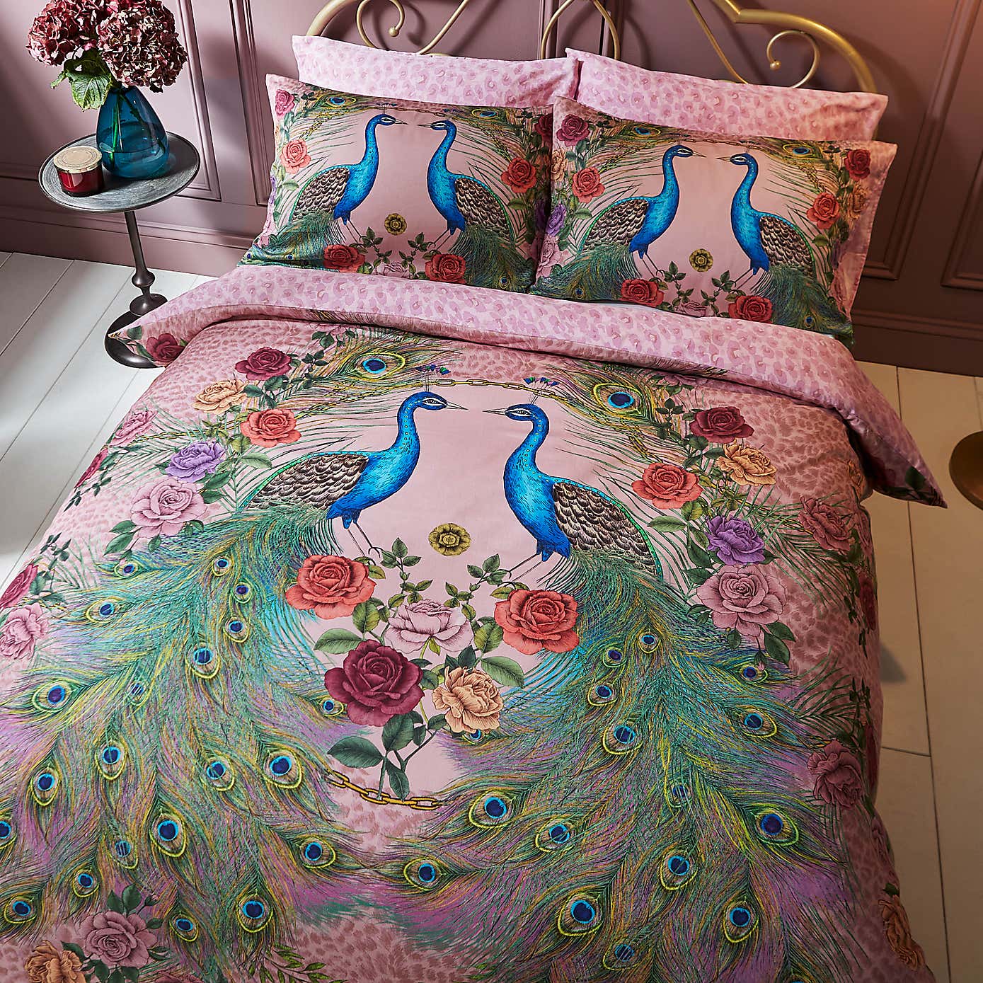 Matthew Williamson Xanadu Peacock 200 Thread Count Cotton Pink Duvet Cover And Pillowcase Set