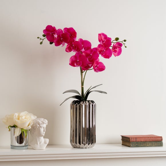 Artificial Pink Orchid in Silver Ceramic Pot | Dunelm