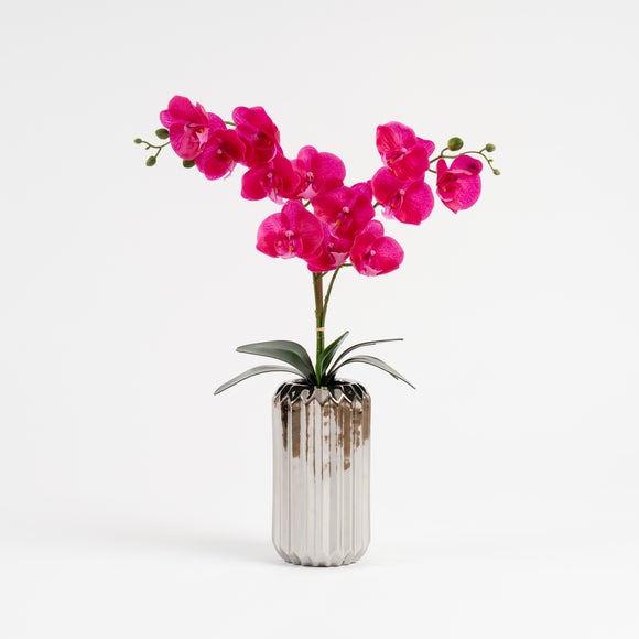 Artificial Pink Orchid in Silver Ceramic Pot | Dunelm