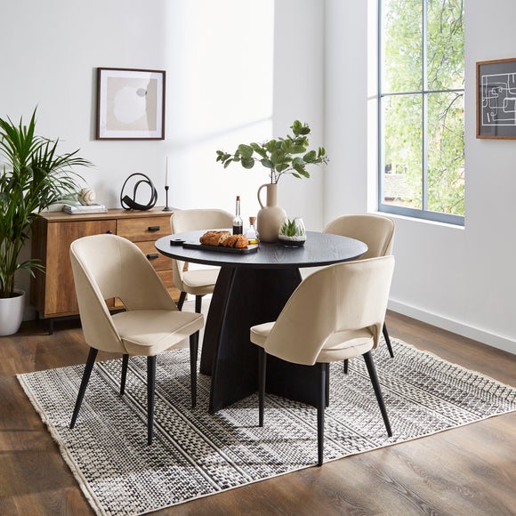 Effy Round Dining Table with 4 Lillia Mink Velvet Dining Chairs Dunelm